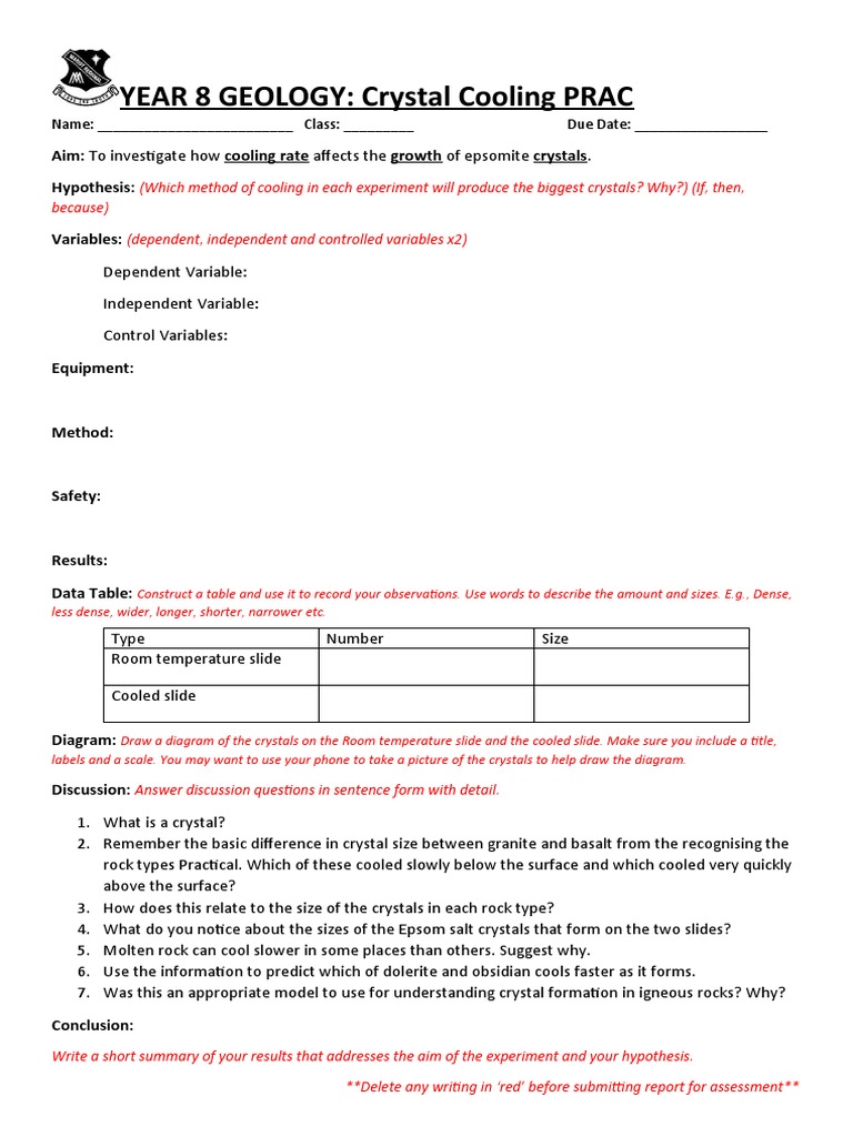 Y8 - Earth Science - Crystal Cooling - PRAC - STUDENT | PDF | Data ...