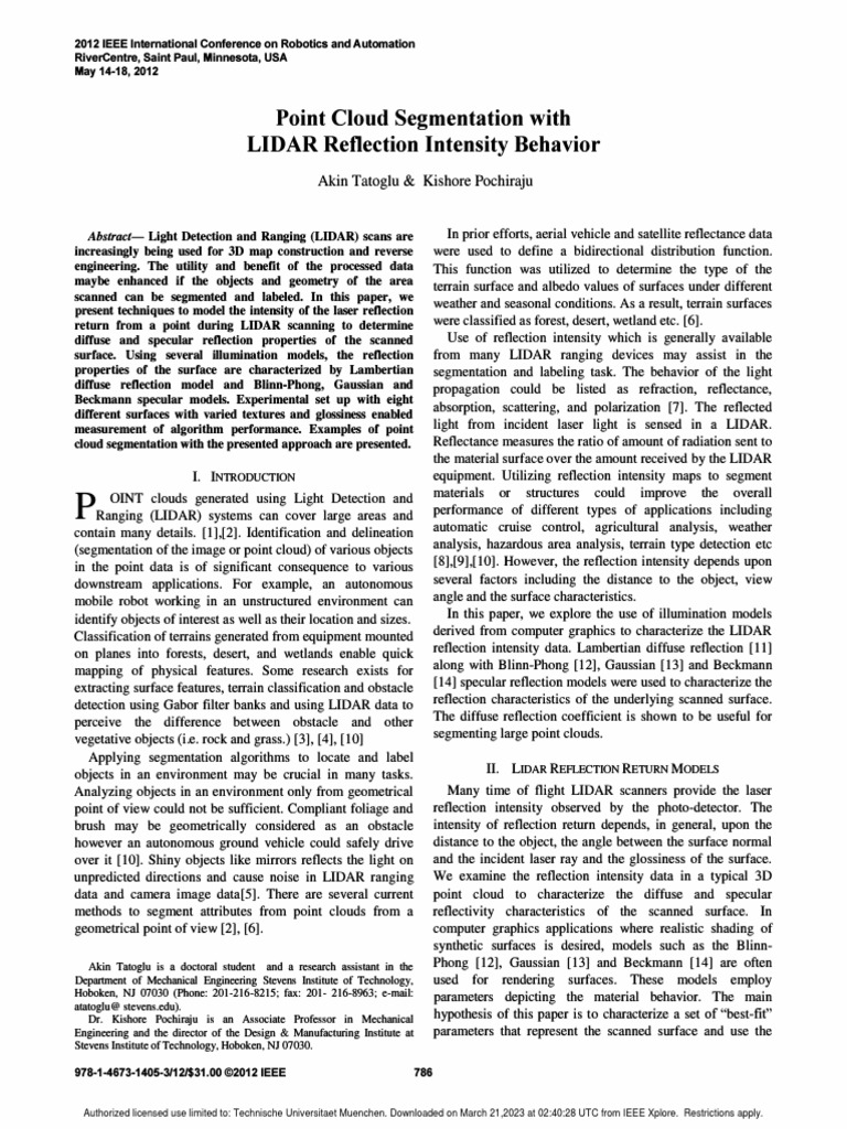Point Cloud Segmentation With LIDAR Reflection Intensity Behavior | PDF | Lidar | Reflection ...