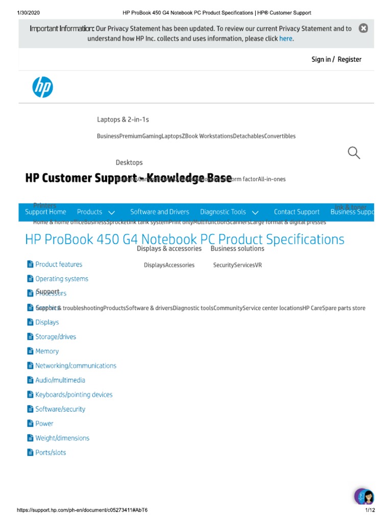HP ProBook 450 G4 Specifications | PDF