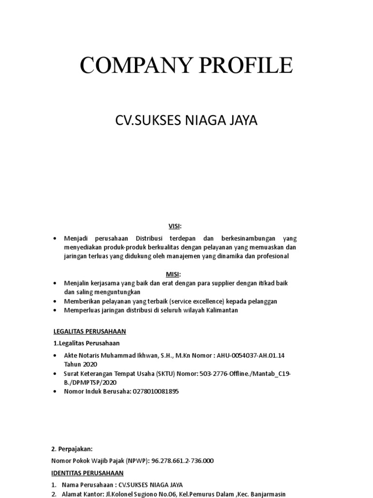 Company Profile CV - Sukses Niaga Jaya (Power Point) New 2021 | PDF