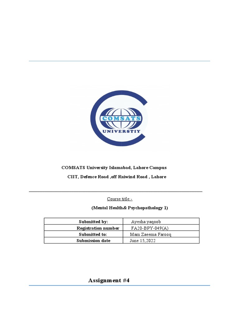 Assignment #4: COMSATS University Islamabad, Lahore Campus | PDF | Thought | Cognition