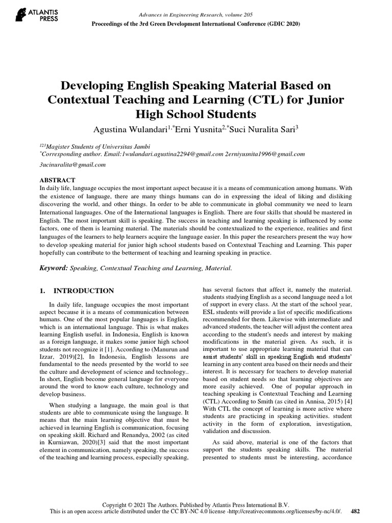Developing English Speaking Material Based On Contextual Teaching and Learning (CTL) For Junior ...