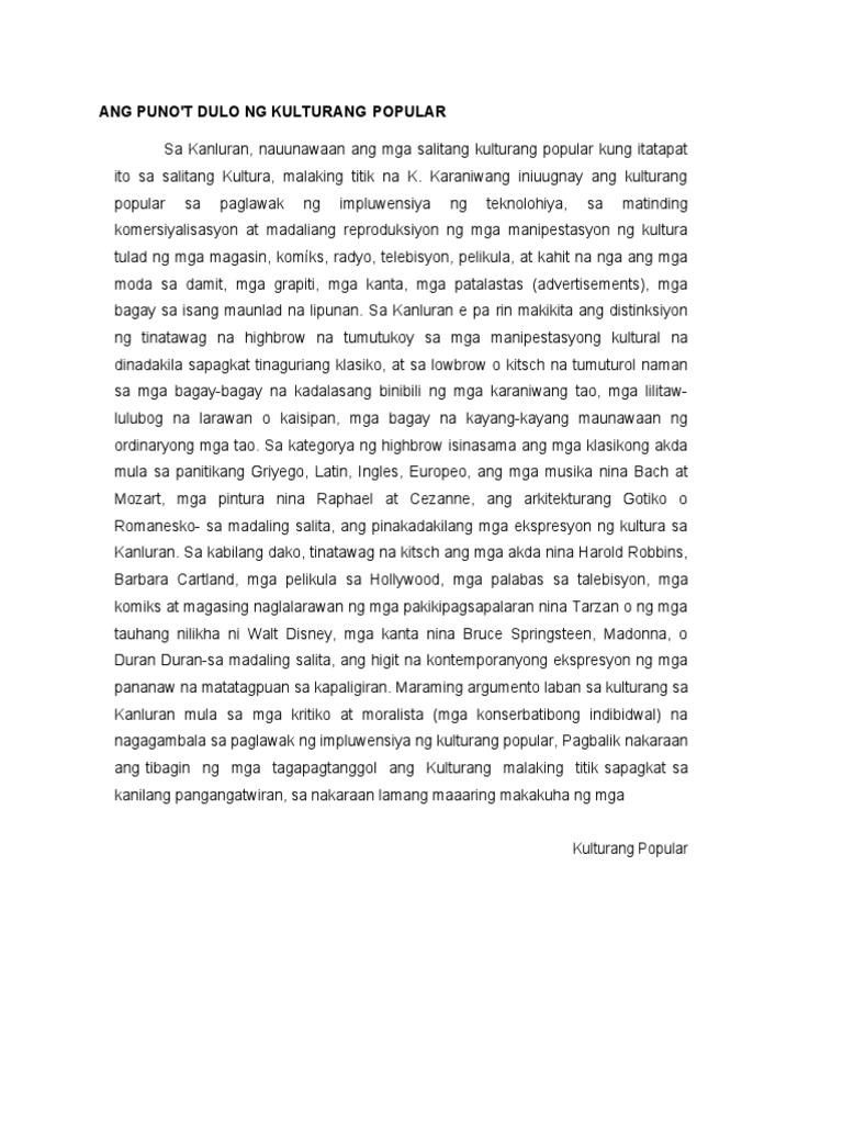Ang Puno't Dulo NG Kulturang Popular | PDF
