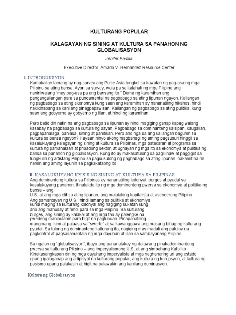 Kalagayan NG Sining at Kultura Sa Panahon NG Globalisasyon | PDF