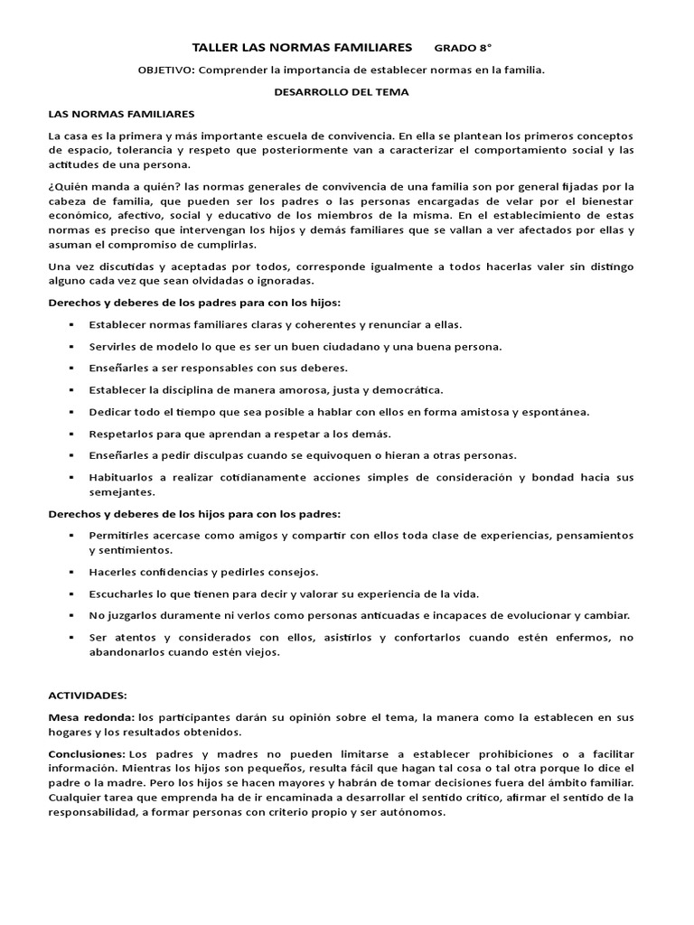 Taller Las Normas Familiares | Descargar gratis PDF | Tolerancia