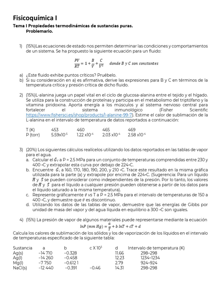Tema 1 Problemario | PDF | Temperatura | Energía libre de Gibbs