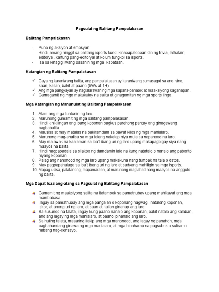 Pagsulat NG Balitang Pampalakasan | PDF Pagsulat NG Balitang Pampalakasan | PDF