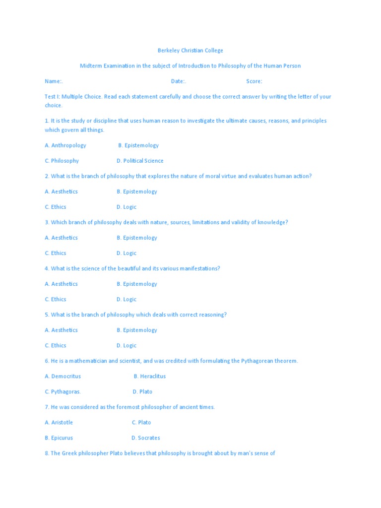 Analysis of a Midterm Examination in Introduction to Philosophy of the ...