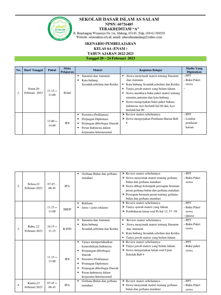 Jadwal Pembelajaran Kelas 6A & 6B Februari 2023 | PDF