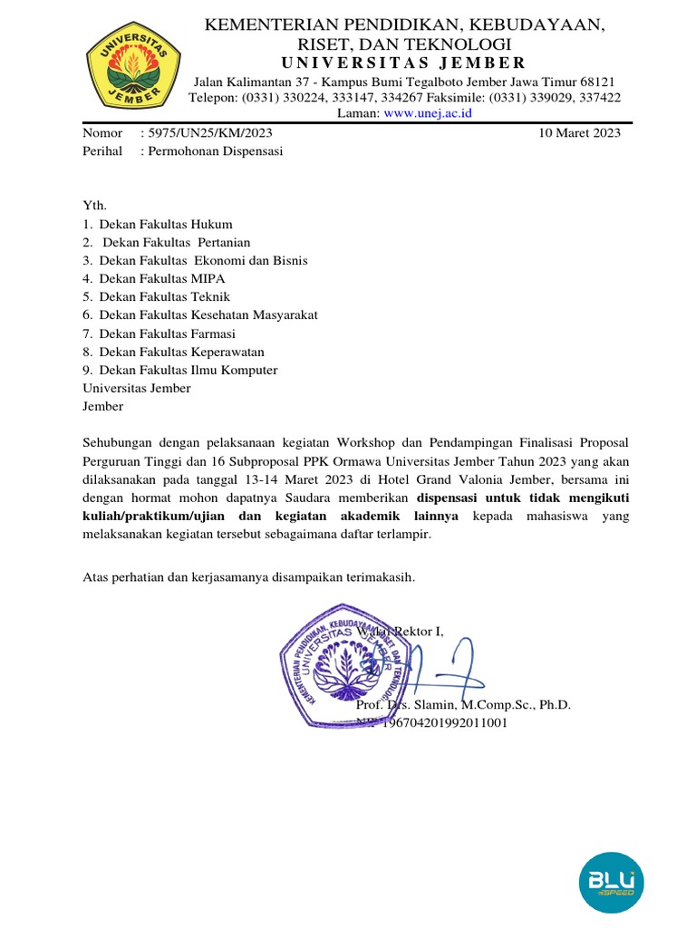 Surat Dispen Workshop PPK Ormawa Di Valonia 13-14 Maret 2023 | PDF