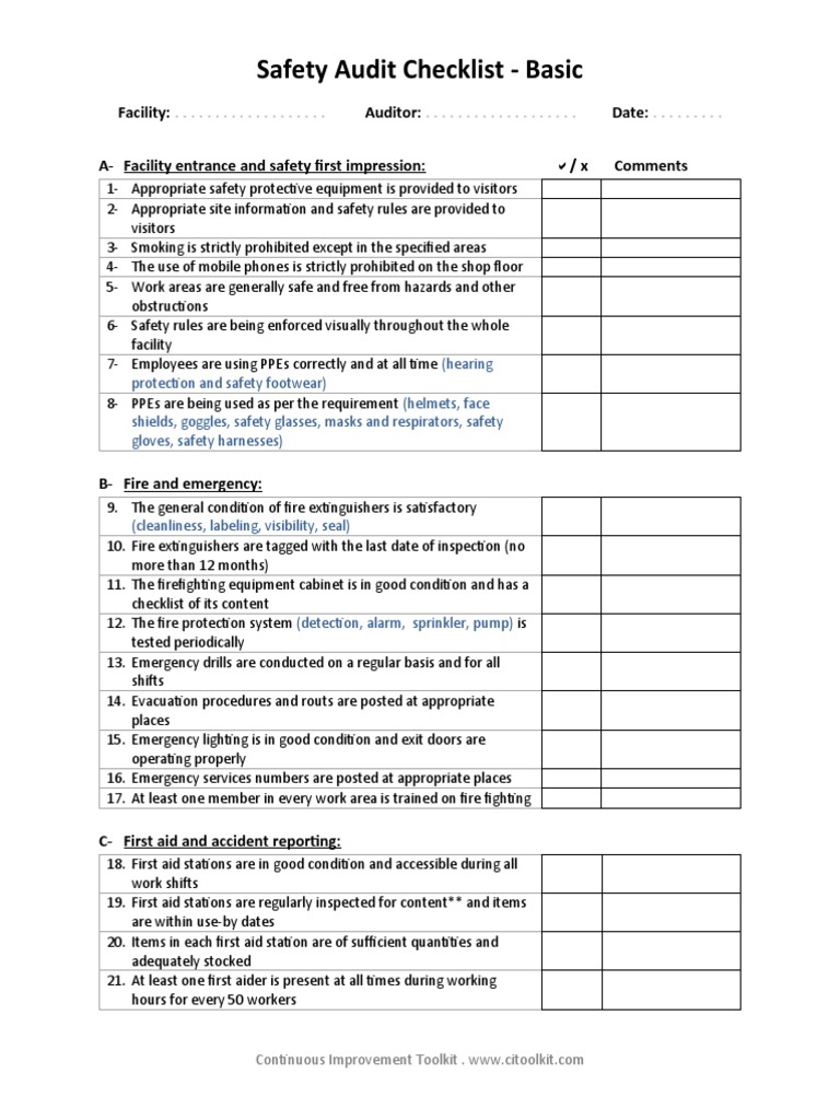 safety_audit_checklist_basic.docx | PDF | First Aid | Personal ...