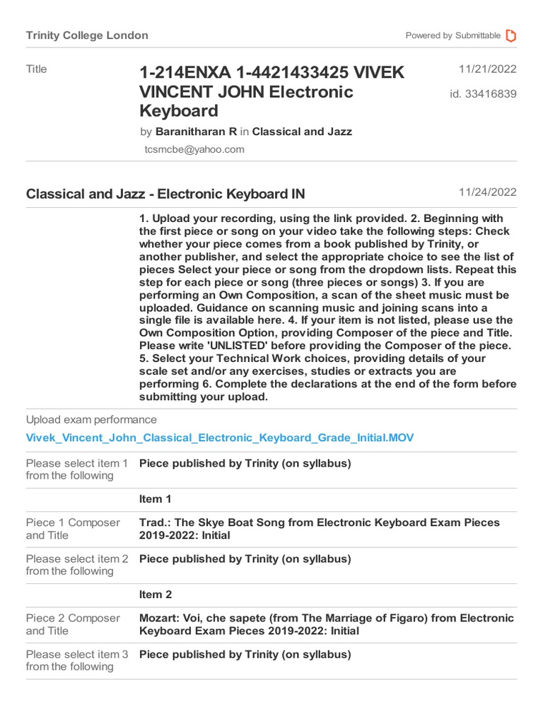Trinity College Electronic Keyboard Exam Submission | PDF