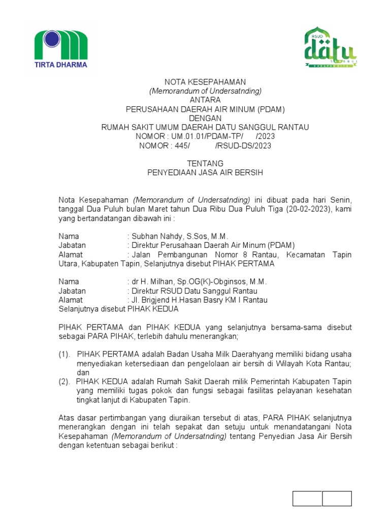 Nota Kesepahaman RSUD PDAM | PDF