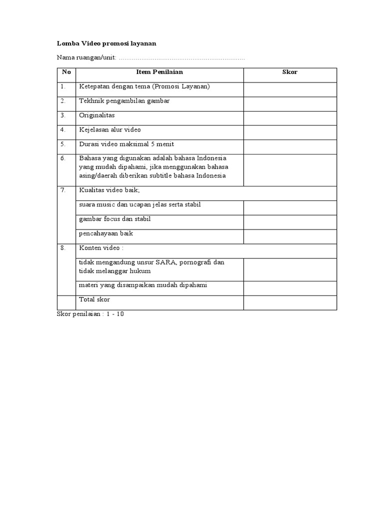 FORMAT PENILAIAN Lomba Video Promosi Layanan | PDF