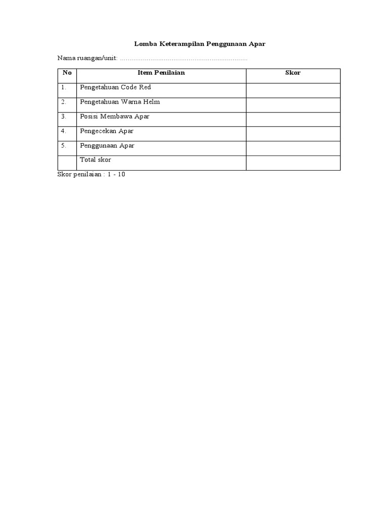 FORMAT PENILAIAN Lomba Keterampilan Penggunaan Apar | PDF