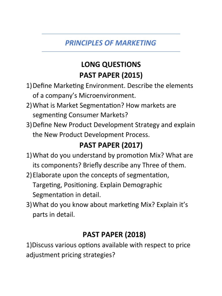 Principles of Marketing Past Papers Long Questions | PDF