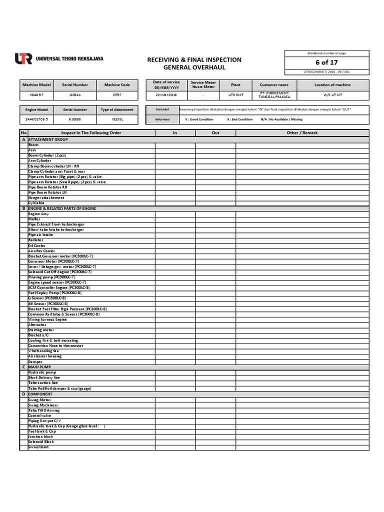HD465-7 Inspection Checklist Guide | PDF | Brake | Engines