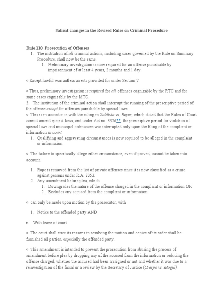 Salient Changes in The Revised Rules On Criminal Procedure | PDF | Continuance | Arraignment
