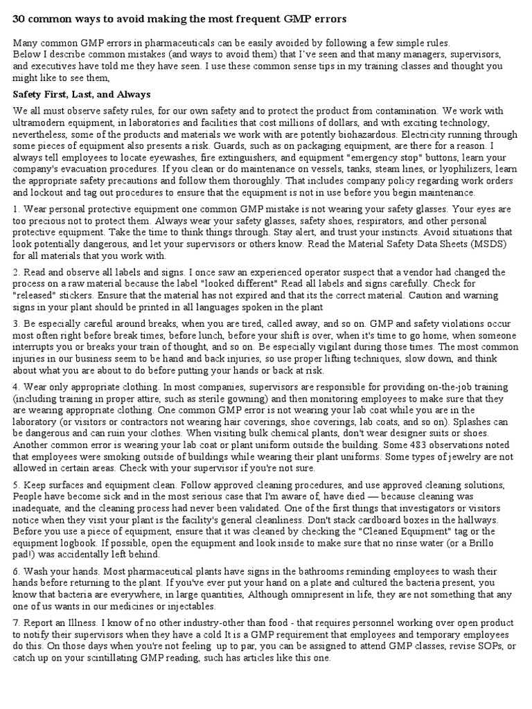 30 Common Ways To Avoid Making The Most Frequent GMP Errors | PDF ...