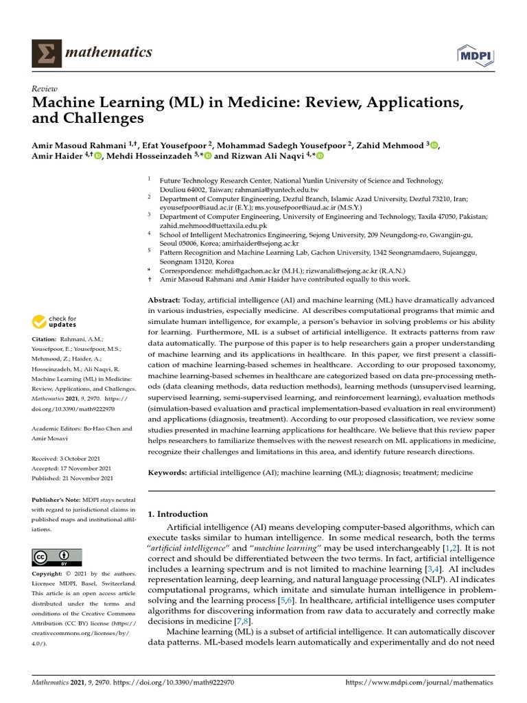 Machine Learning (ML) in Medicine - Review, Applications, and ...