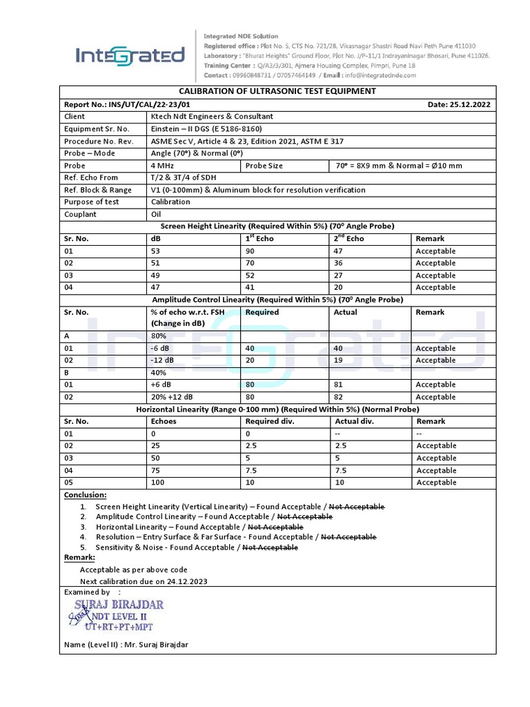 Ultrasonic Testing Calibration Report | PDF | Metrology