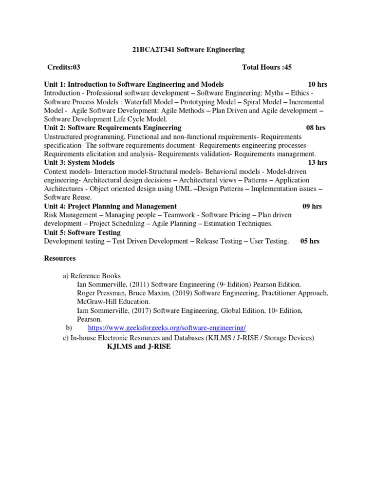 21BCA2T341 Software Engineering - Syllabus | PDF | Art