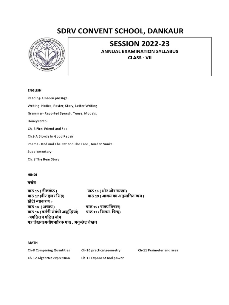 Class 7th Annual Syllabus (22-23) PDF | PDF | Teaching Methods & Materials