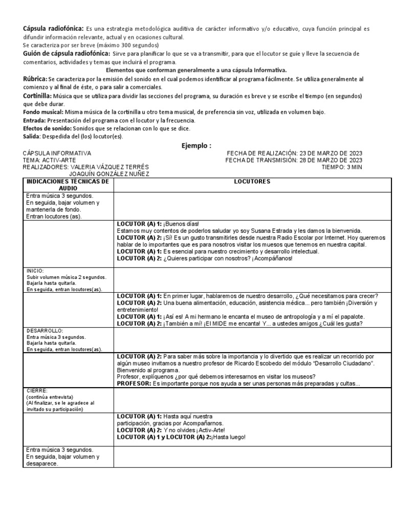 Ejemplo de Guión de Cápsula Informativa | PDF | Radiodifusión