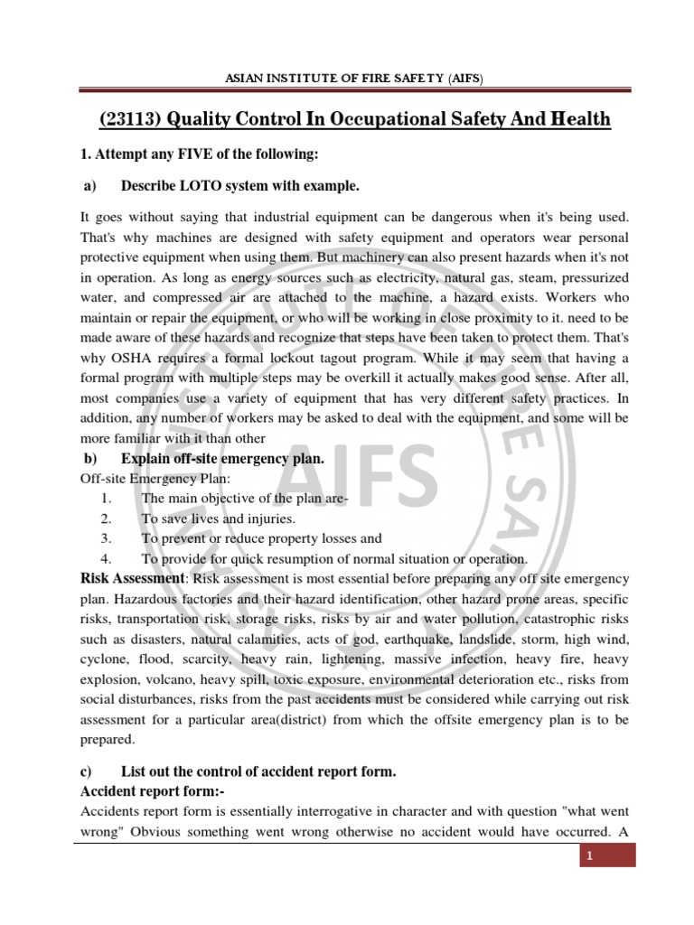 Quality Control in Occupational Safety and Health | PDF | Risk ...