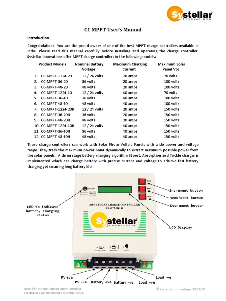 Systelar Inovations MPPT Solar Charge Controller Manual | PDF ...