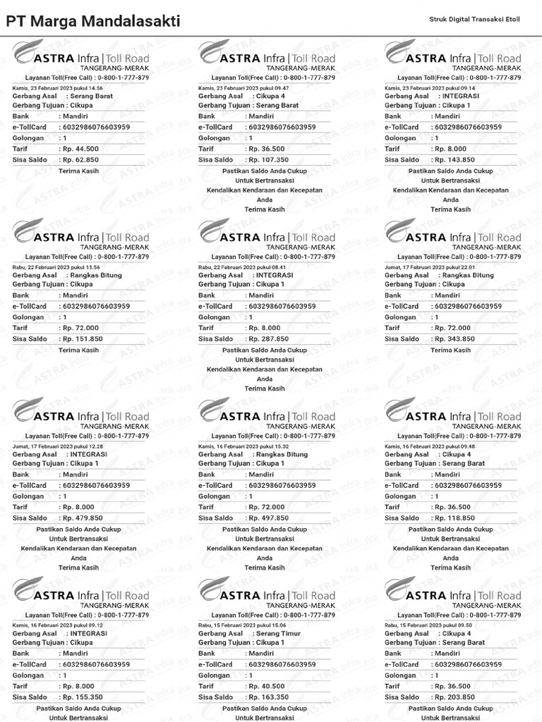 Contoh Struk Transaksi ASTRA Infra Toll Road | PDF