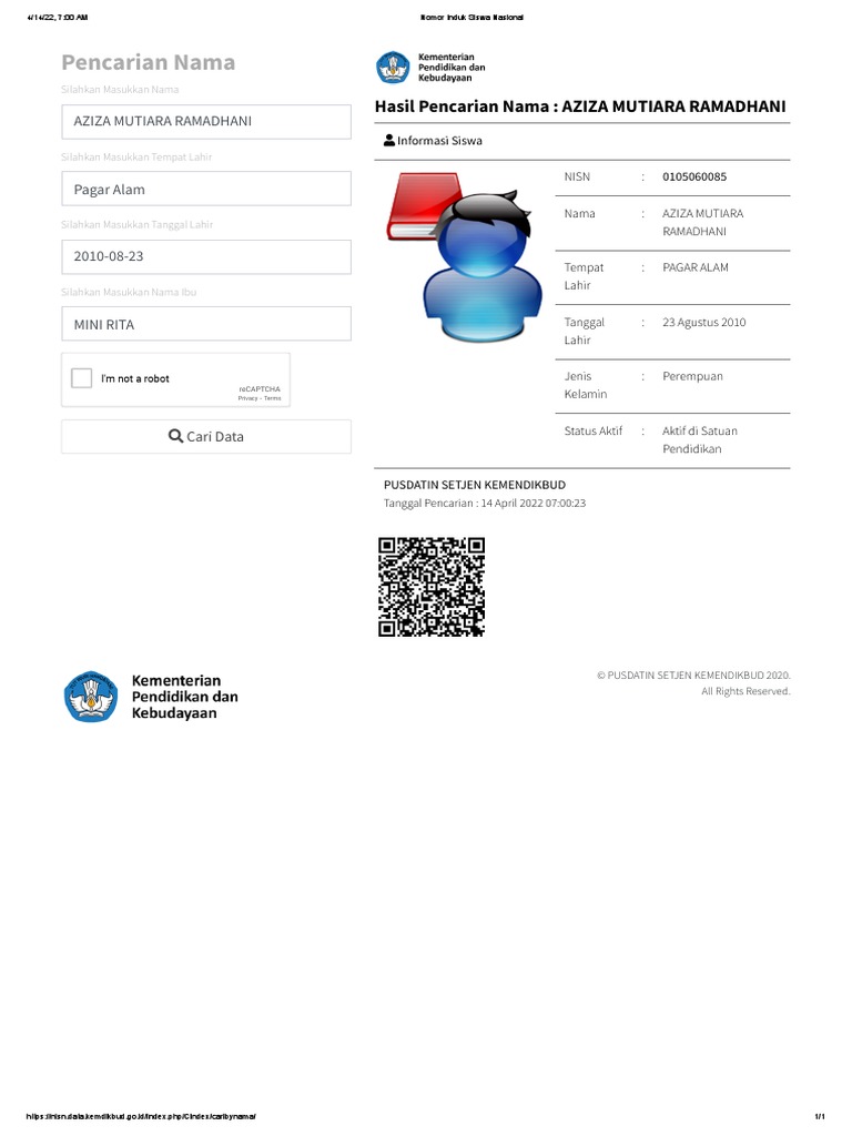 Nomor Induk Siswa Nasional AZIZA MUTIARA RAMADHANI SUDAH PDF | PDF
