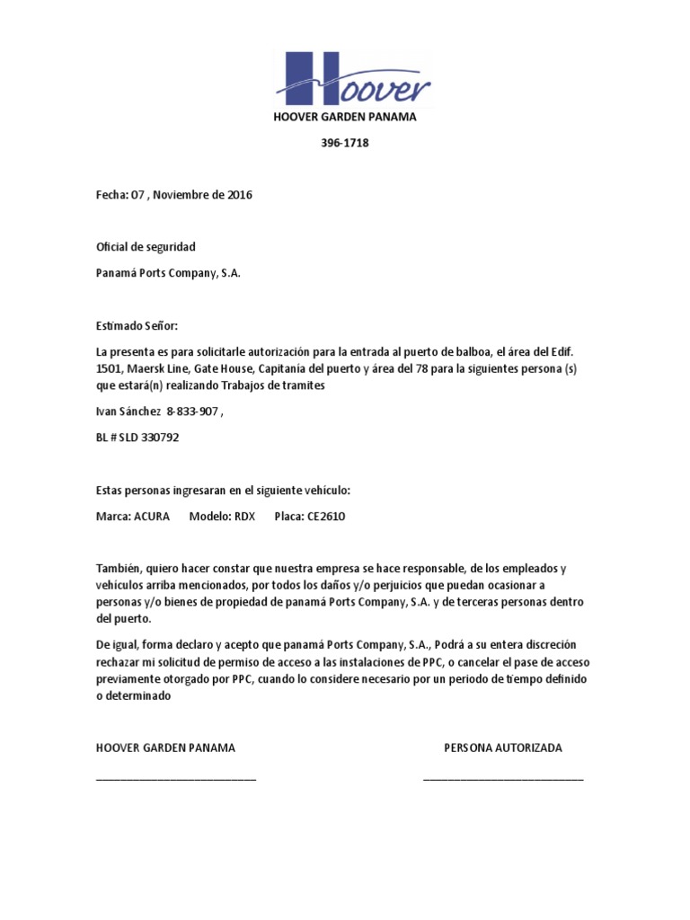 CARTA - AUTORIZACION PANAMA PORTS -.docx | PDF