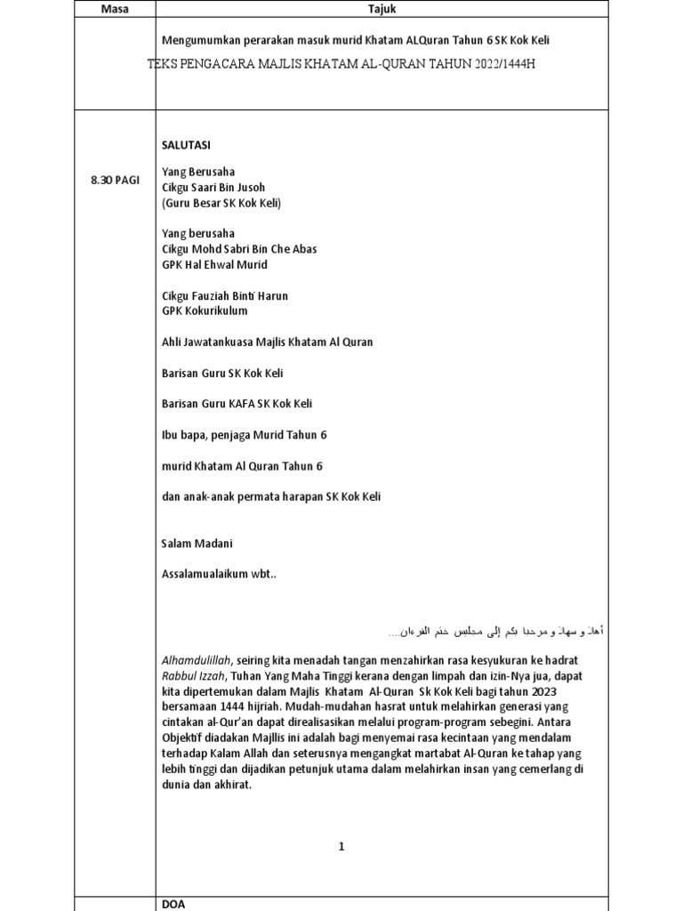 Teks Pengacaraan Majlis Khatam Alquran SKPJ 2018 | PDF
