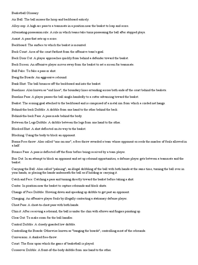 Basketball Glossary | Download Free PDF | Basketball Positions | Sports