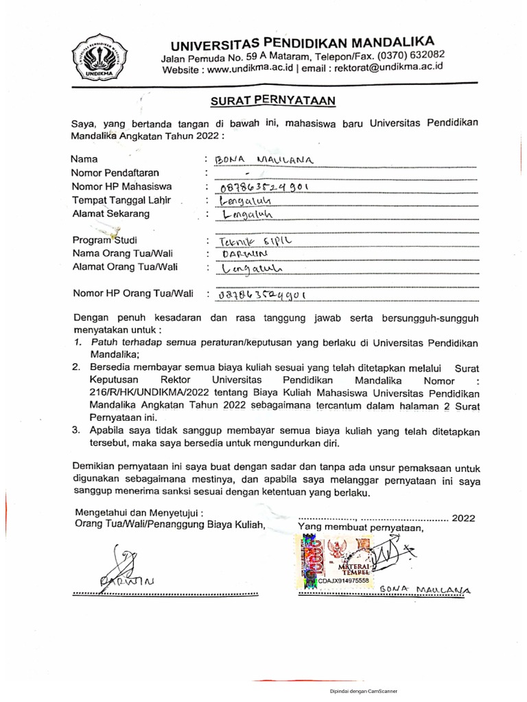 Surat Pernyataan PMB | PDF