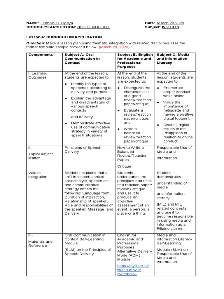 Direction: Make A Lesson Plan Using Thematic Integration With Related ...