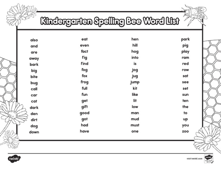Black and White Kindergarten Spelling Bee Word List PDF | PDF
