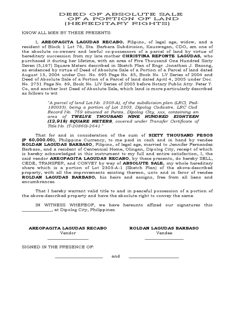 DEED OF ABSOLUTE SALE - Portion of Hereditary Share Recabo-BARBASO ...
