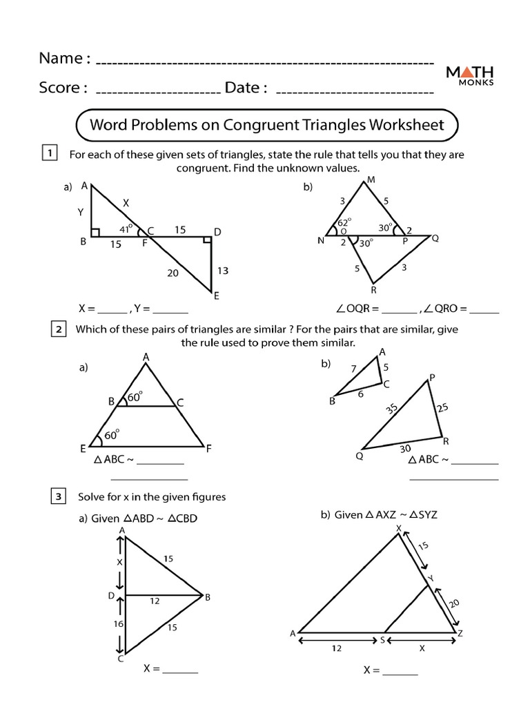 Congruent Triangles Word Problems Worksheet | PDF