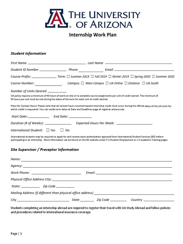 Internship Work Plan Form - Fillable June 2019 | PDF | Internship | Job ...