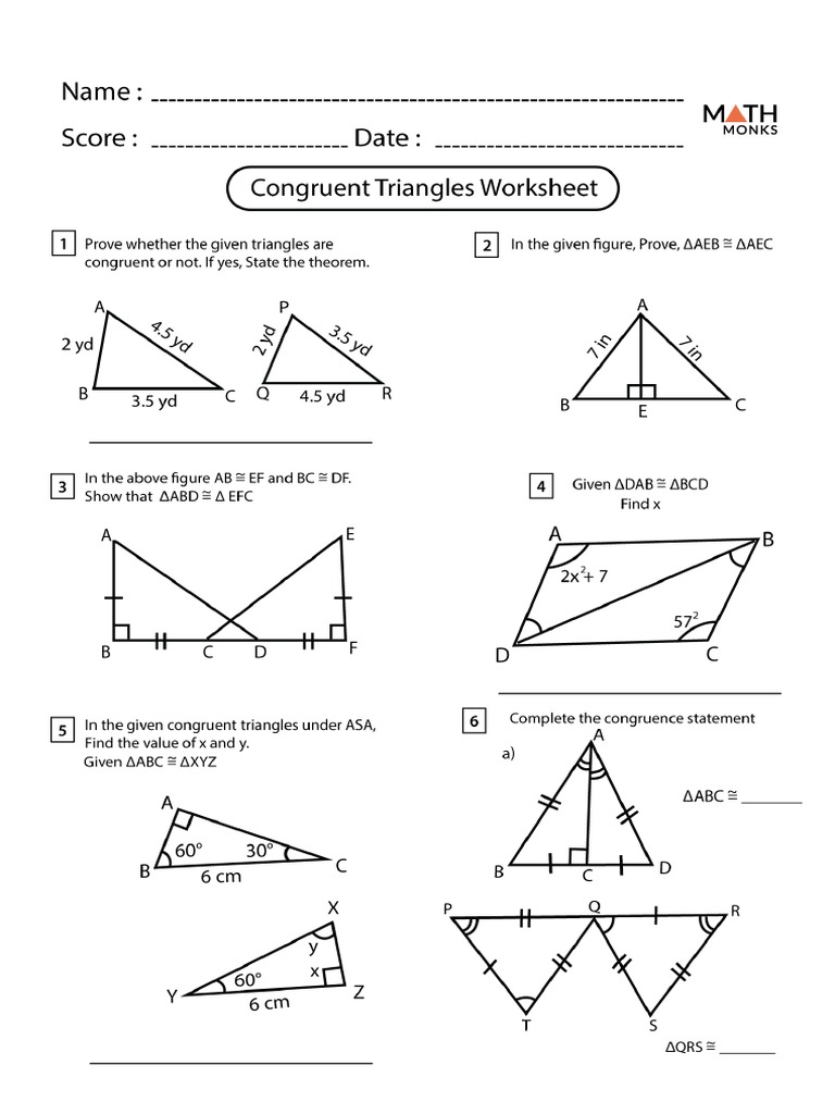 Congruent Triangles Worksheet Grade 7 | PDF