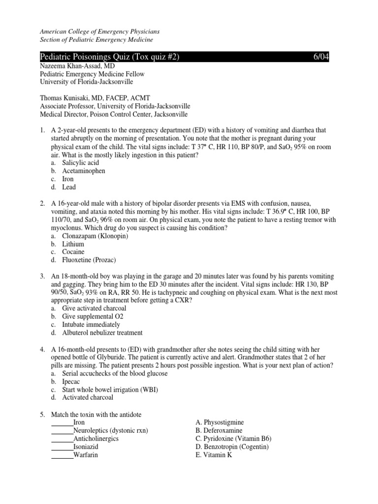 pediatricpoisoningsquizjune2004 | PDF | Medical Treatments | Diseases And Disorders