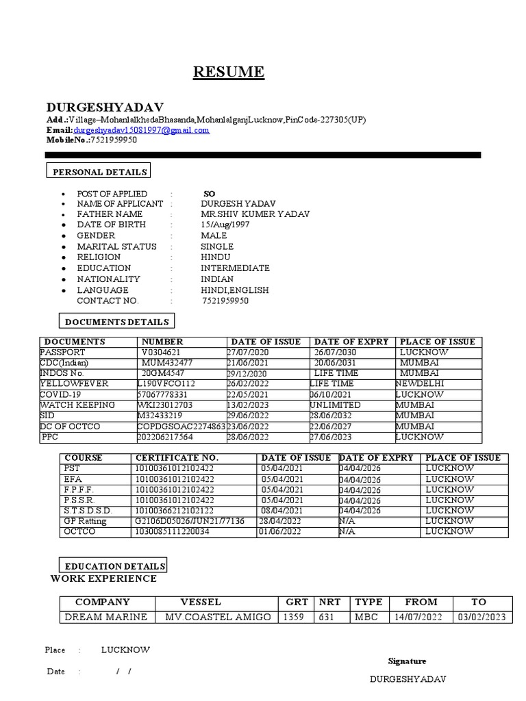 Durgesh Yadav Resume and Credentials | PDF