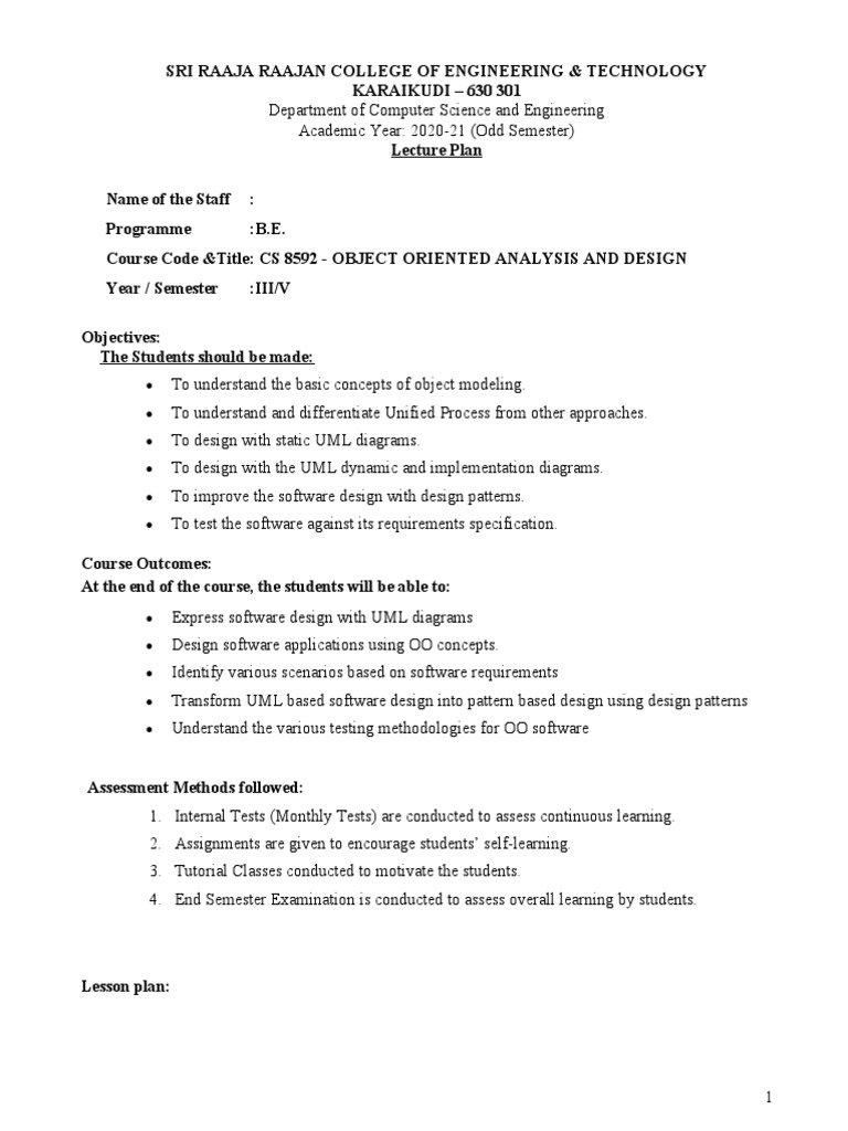 Ooad Lesson Plan | Download Free PDF | Use Case | Unified Modeling Language Ooad Lesson Plan | Download Free PDF | Use Case | Unified Modeling Language