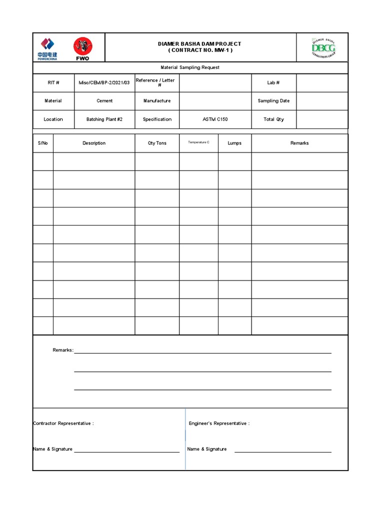 Material Sampling Request For Cement Pdf Building Engineering