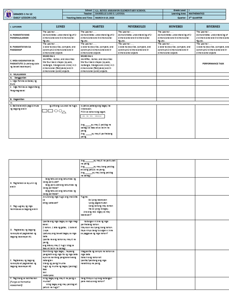 Mathematics 1 - Q3 - W4 DLL | PDF