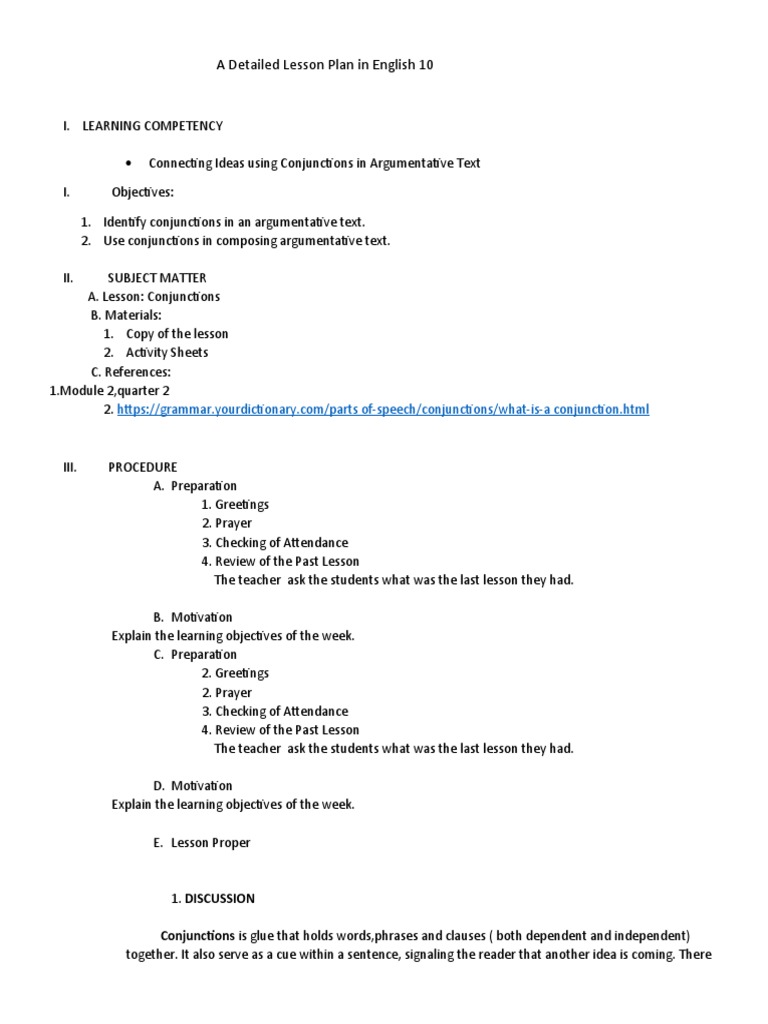 Lesson Plan: Conjunctions in English 10 | PDF | Language Arts & Discipline