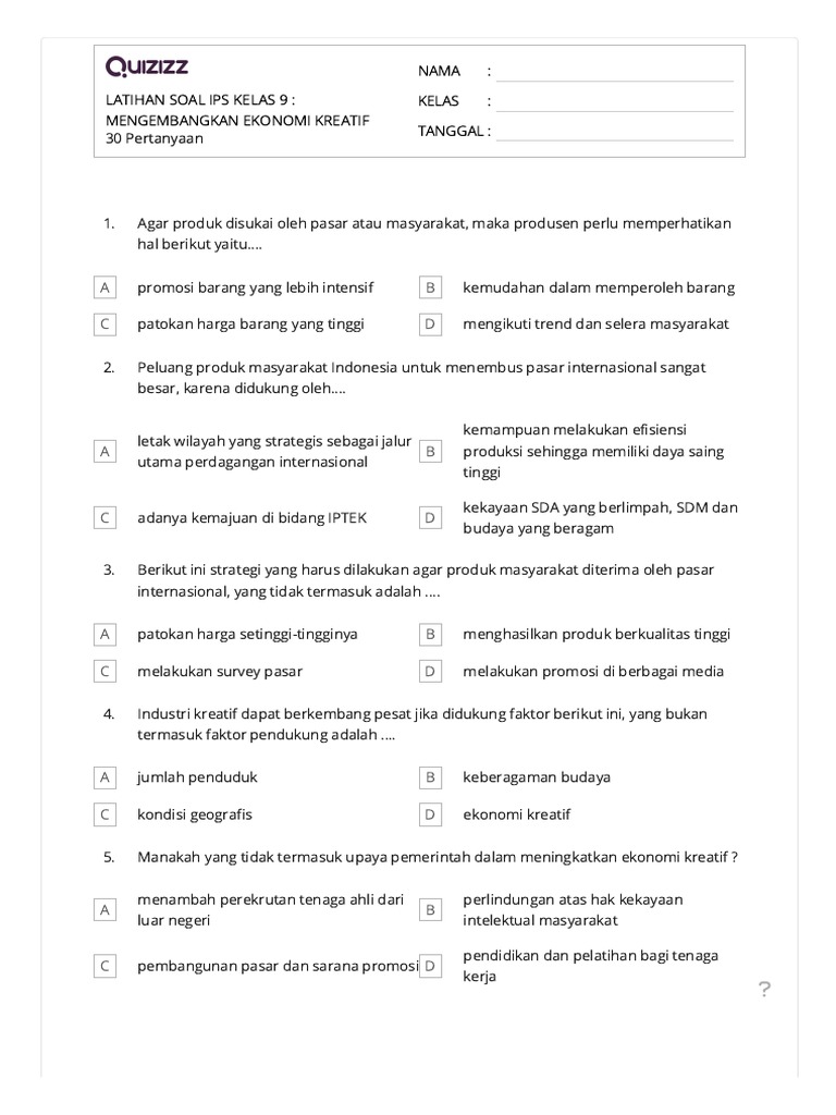 Latihan Soal Ips Kelas 9 - Mengembangkan Ekonomi Kreatif | PDF