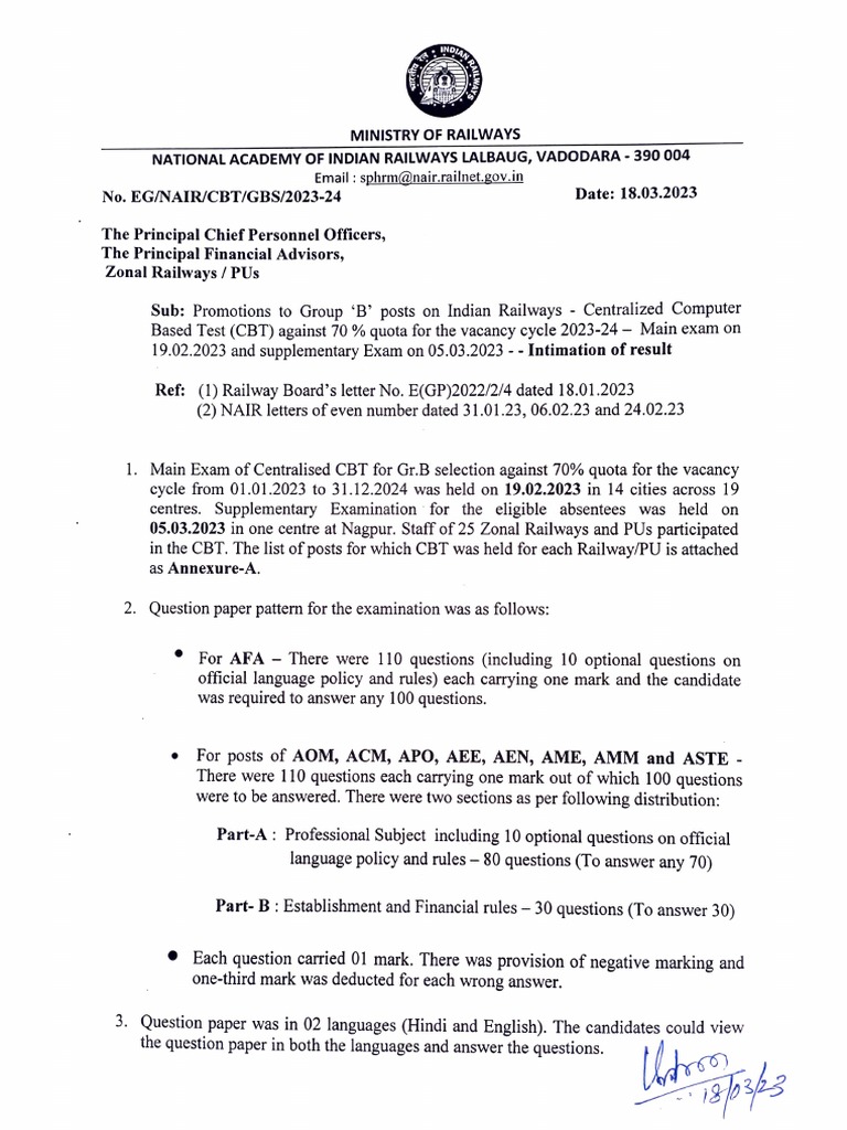 Intimation of Result CBT 2023-24 | PDF | Cognition | Rail Transport